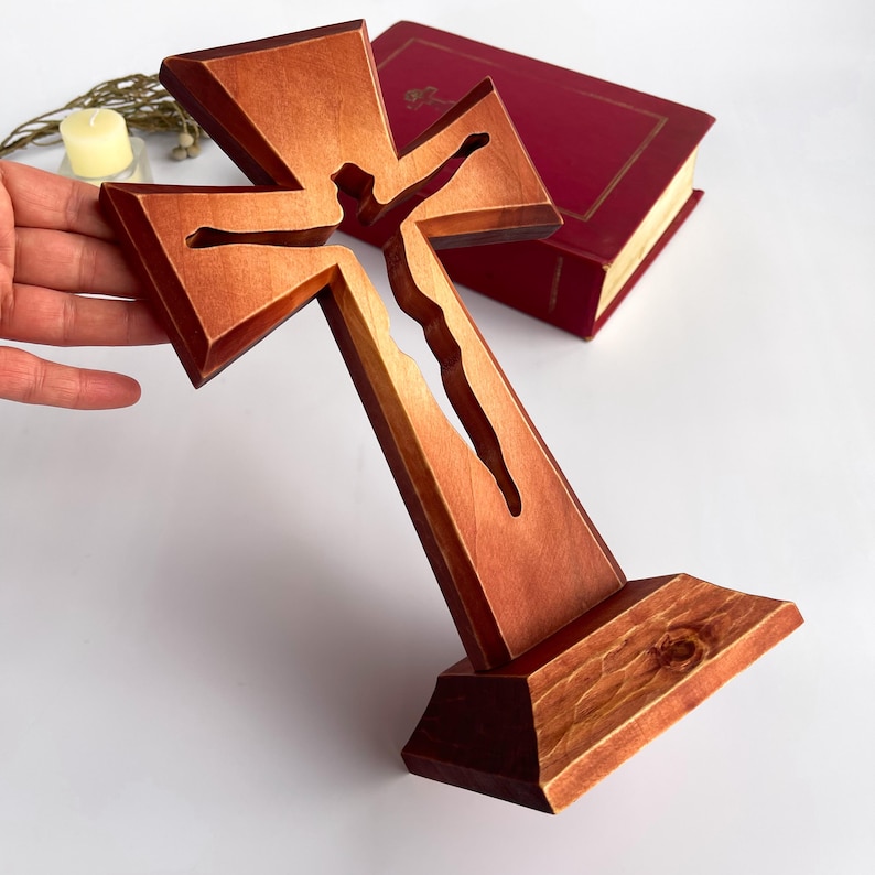 Standing Cross, Wooden Crucifix Tabletop, Modern Catholic Altar, Hand ...