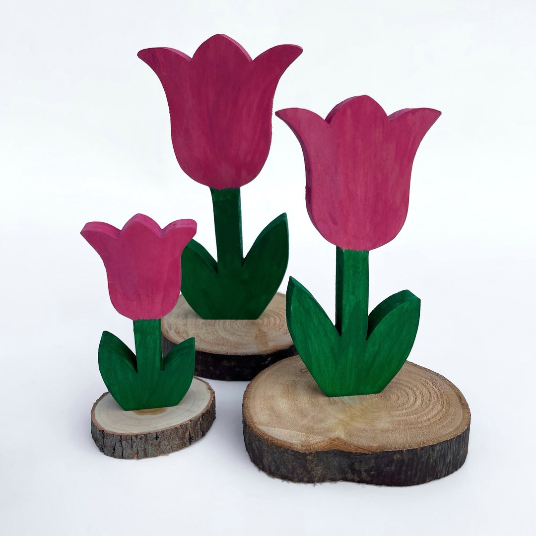 Wooden Flowers on Stand, 3d Wood Flowers, Hand Painted Wooden Tulips ...