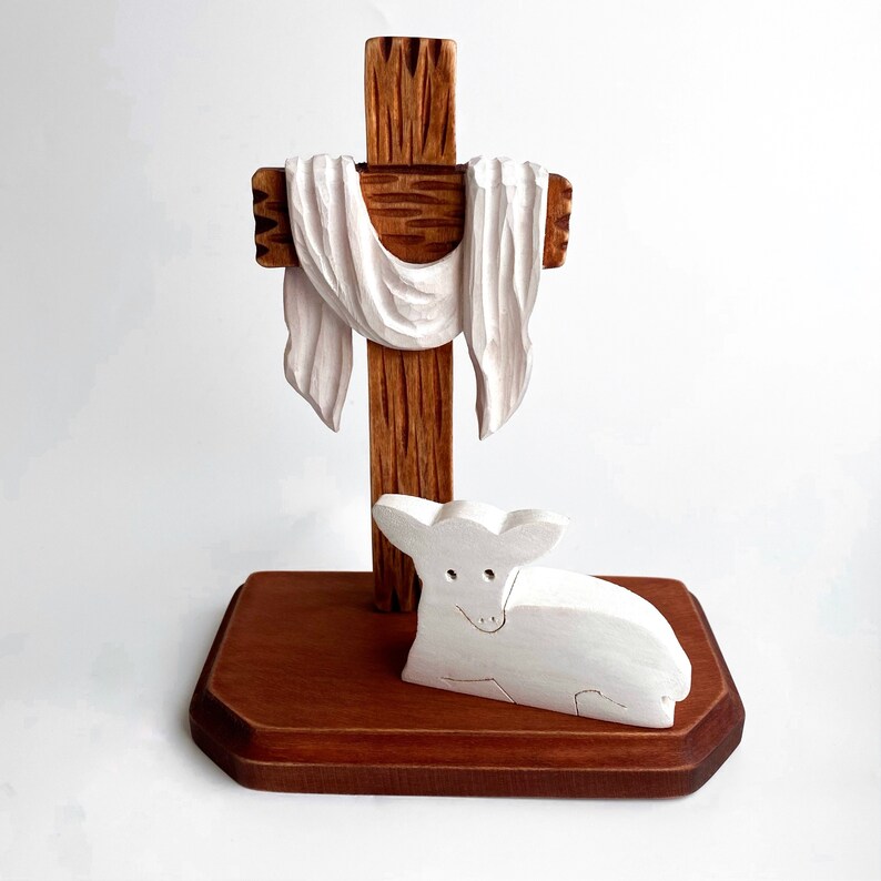 Wooden Easter Cross on Stand With Hand Carved Lamb, Resurrection Wooden ...