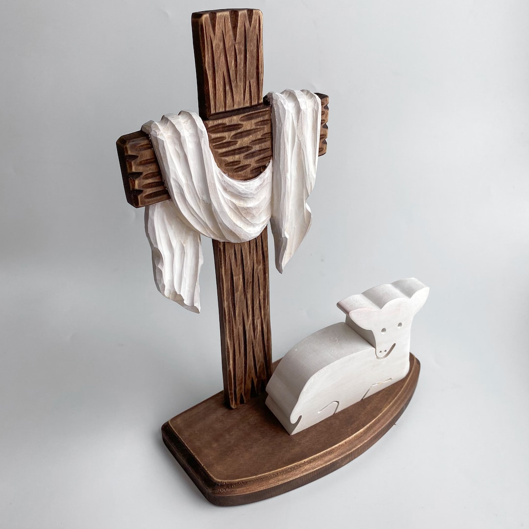 Large Wooden Standing Cross With White Sheep, Rustic Tray Table Decor ...