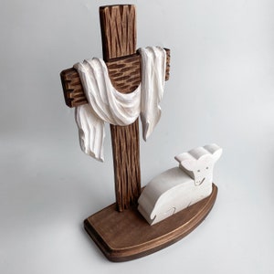 Large Wooden Cross on Stand With Easter Lamb, Rustic Easter Tiered Tray ...