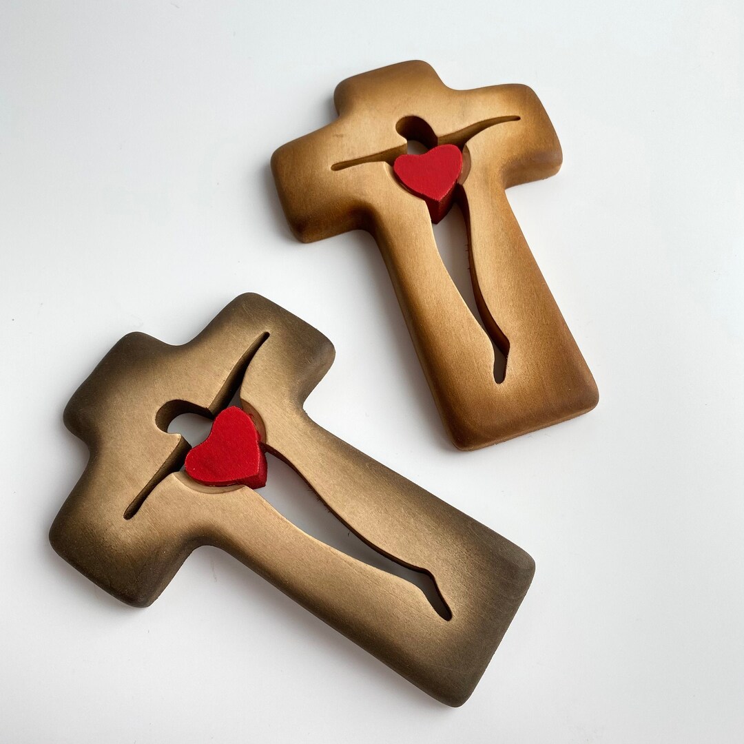 Wood Cross With Red Heart, Carved Cross, Crucifix Wall, Decorative ...