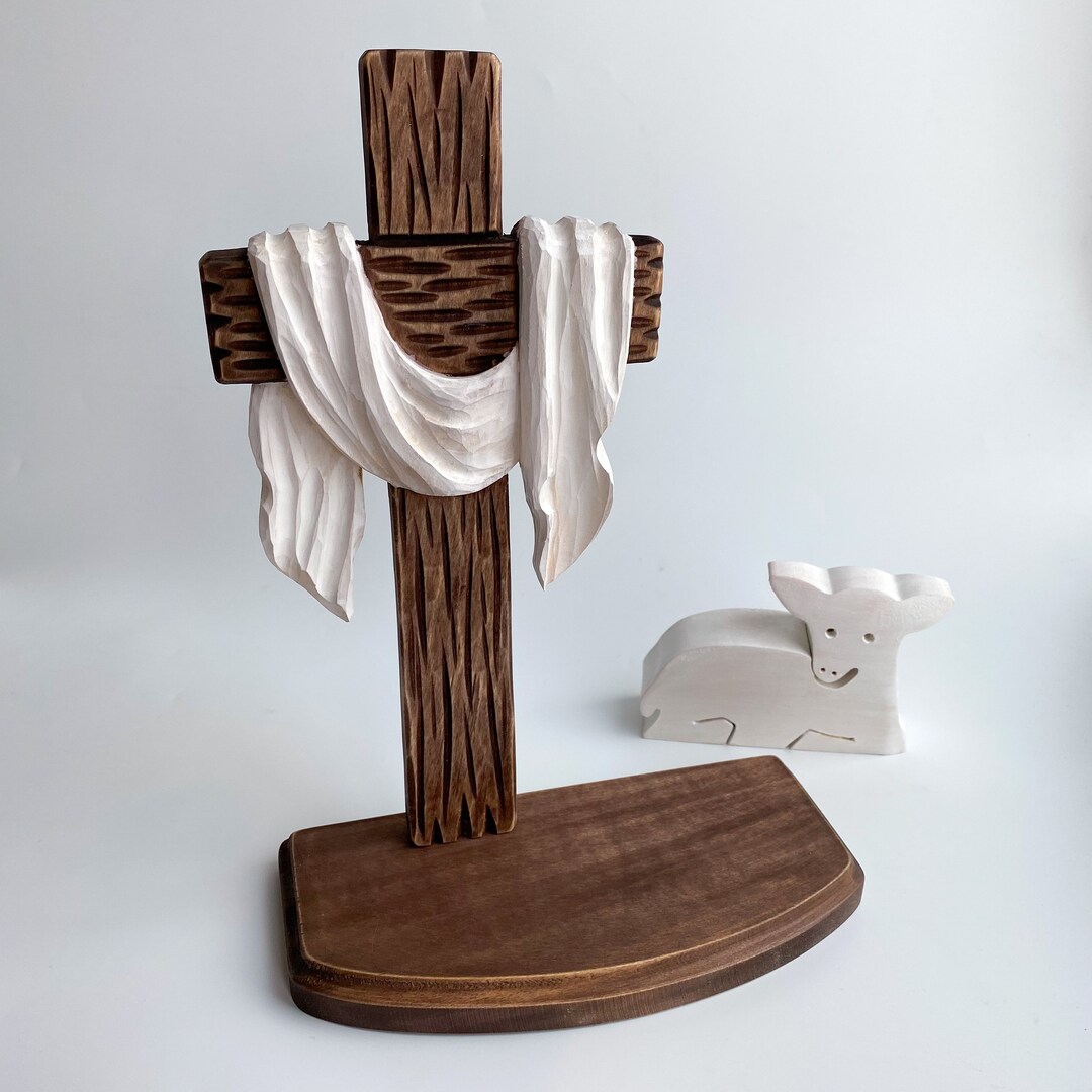 Large Wooden Cross Stand With White Lamb, Tiered Tray Religious Decor ...