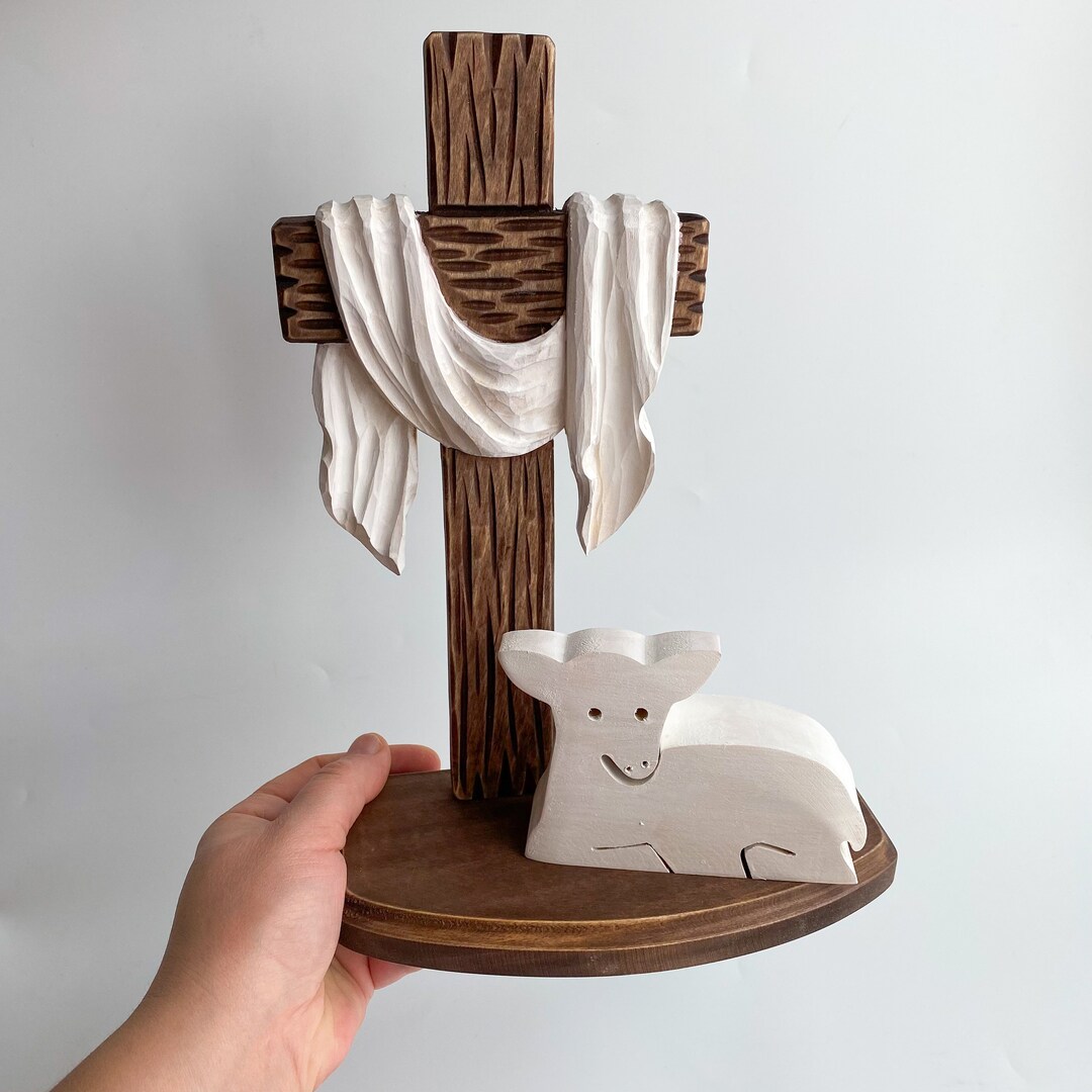 Large Wooden Cross on Stand With Easter Lamb, Rustic Easter Tiered Tray ...