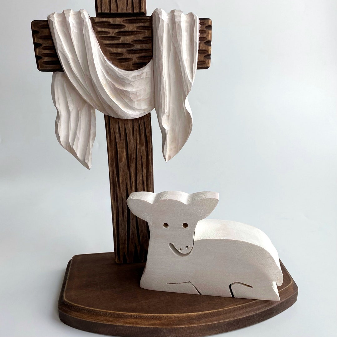 Large Wooden Cross Stand With White Lamb, Tiered Tray Religious Decor ...