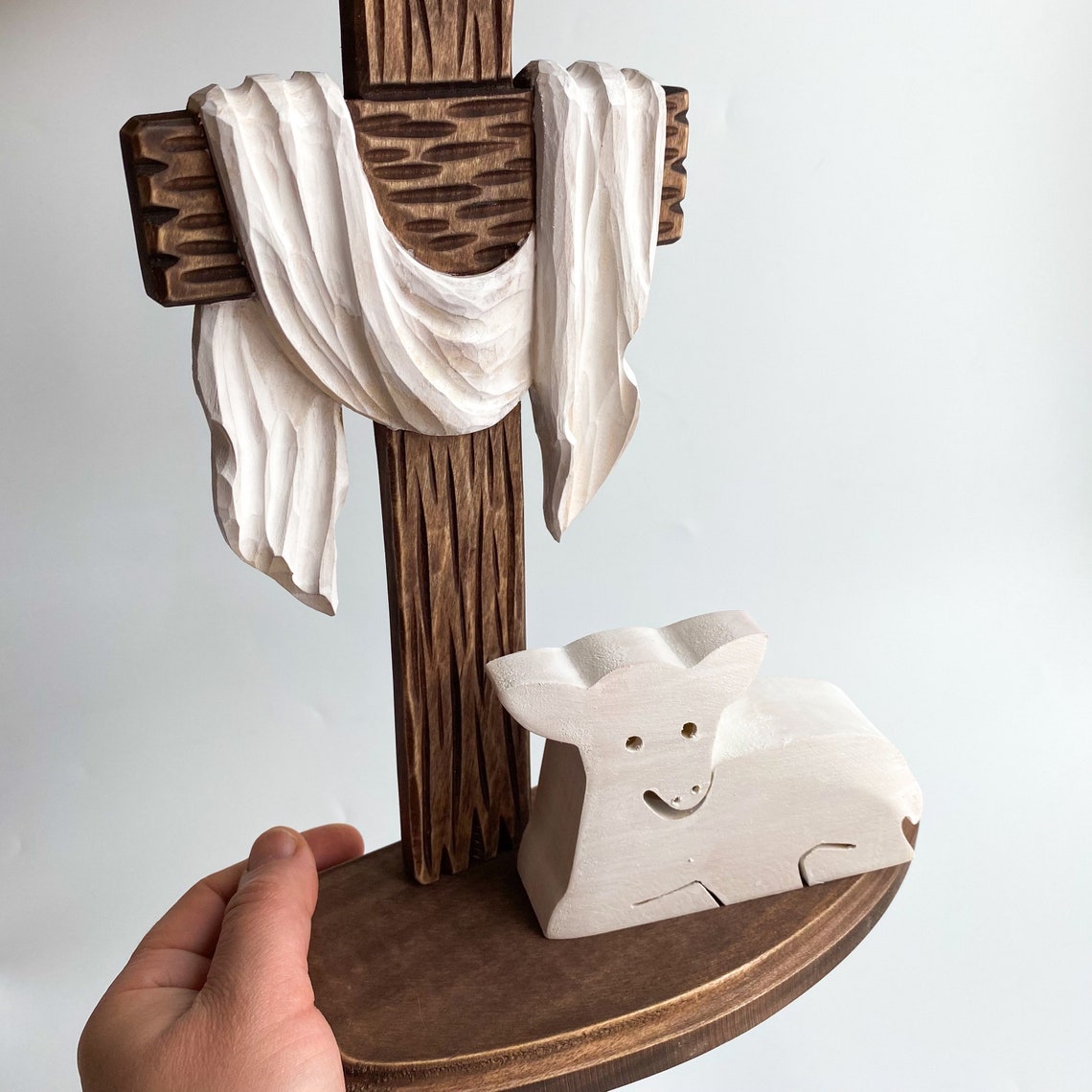 Wooden Easter Cross on Stand With Hand Carved Lamb, Resurrection Wooden ...