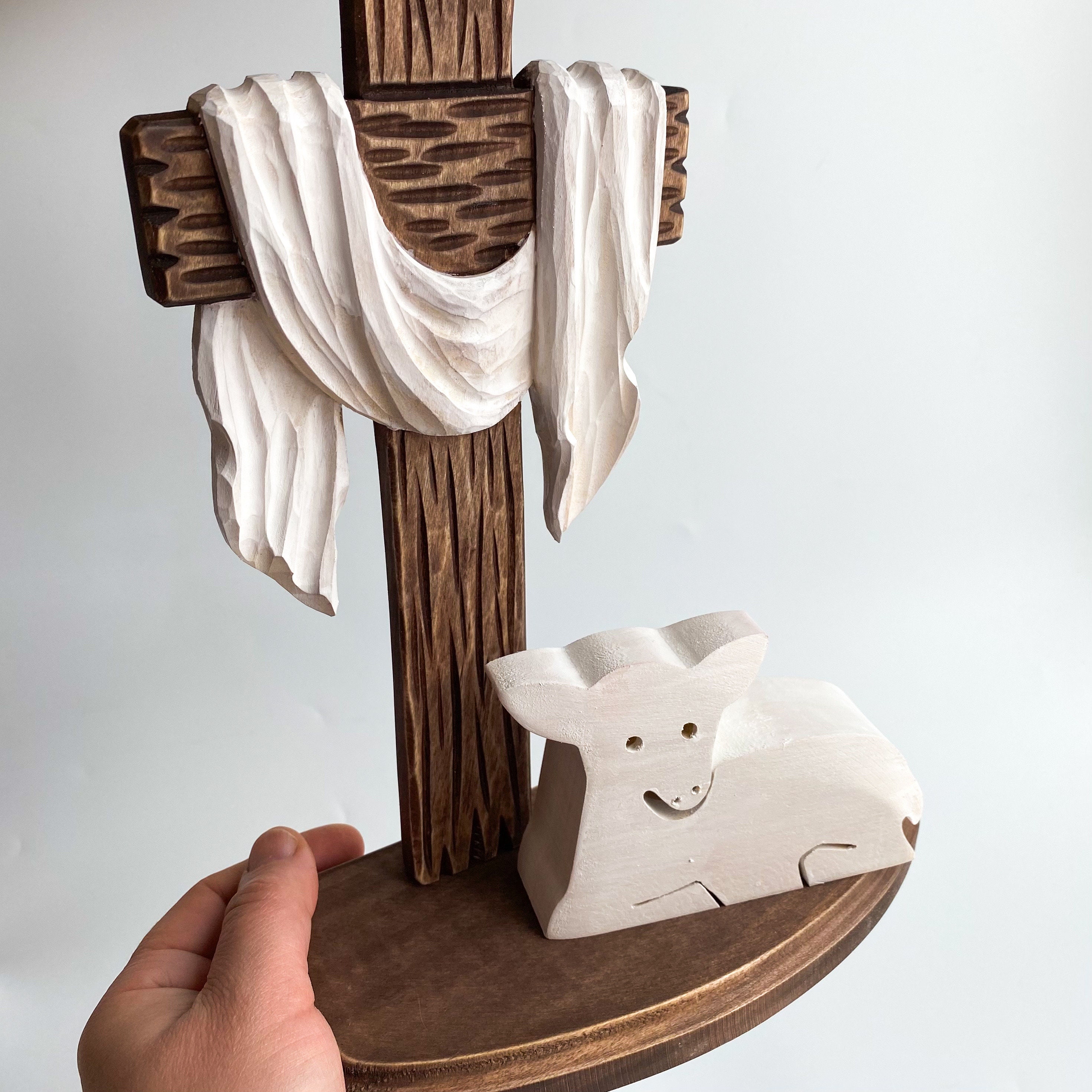 Wooden Easter Cross on Stand With Hand Carved Lamb, Resurrection Wooden ...