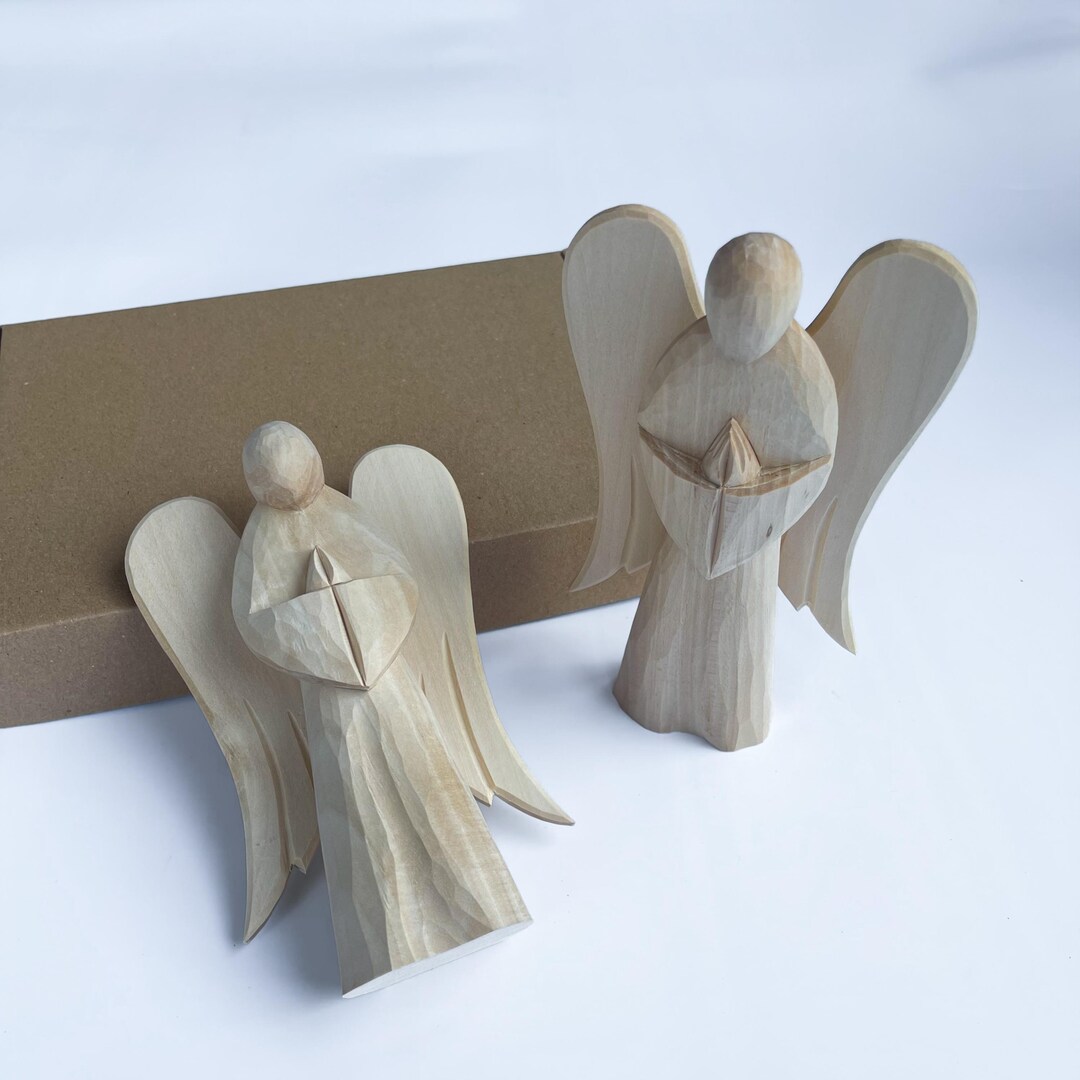 Wooden Standing Angel for Table Decor, Unfinished Hand Carved Rustic ...