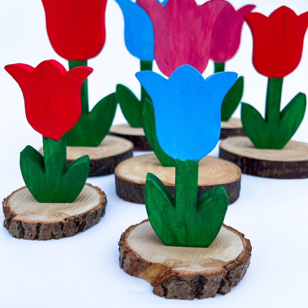 Wooden Tulip Figurine on Stand, Handcrafted Colourful Tulips for Home ...