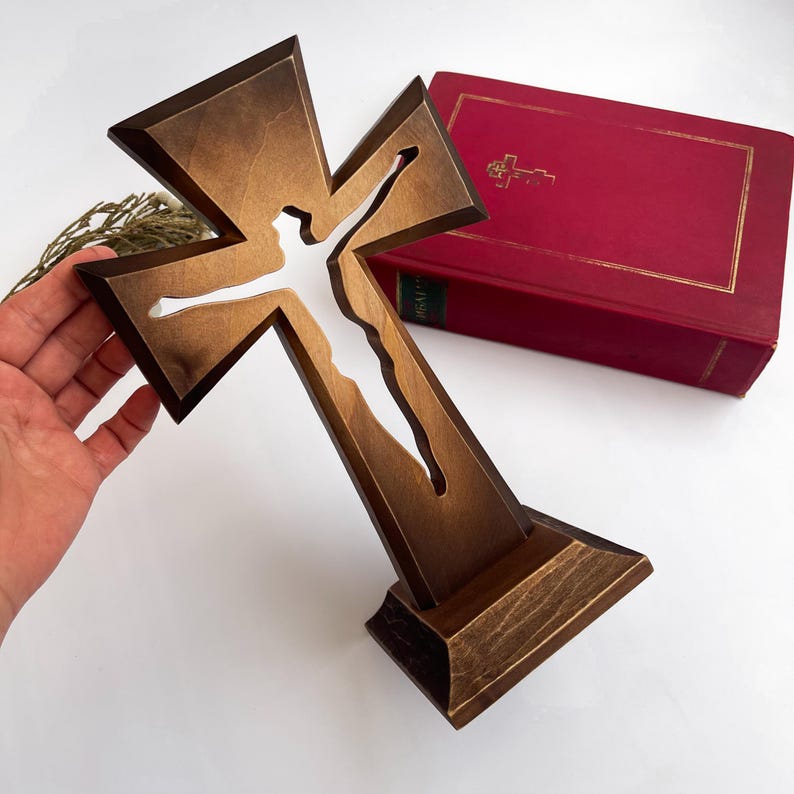 Standing Cross, Wooden Crucifix Tabletop, Modern Catholic Altar, Hand ...