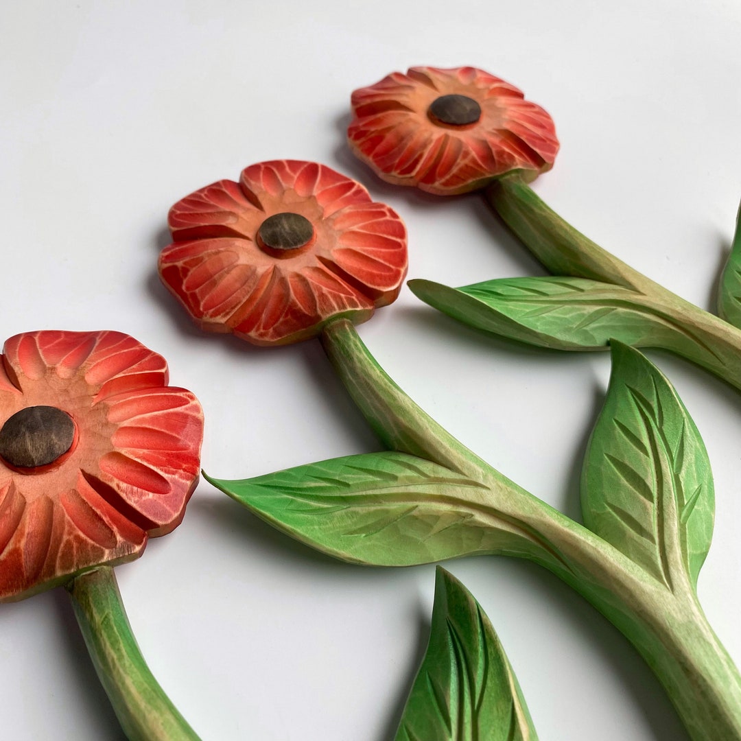 Wooden Wall Flowers Carved, Red Poppies, for Nursery Hanging Decor ...