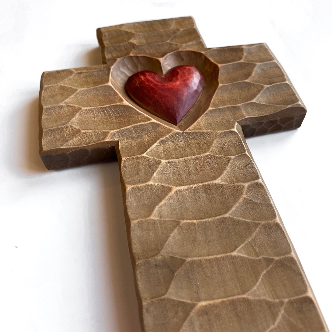 Rustic Cross Wall Decor, Wooden Crucifix With Heart, Hand Carved Cross ...