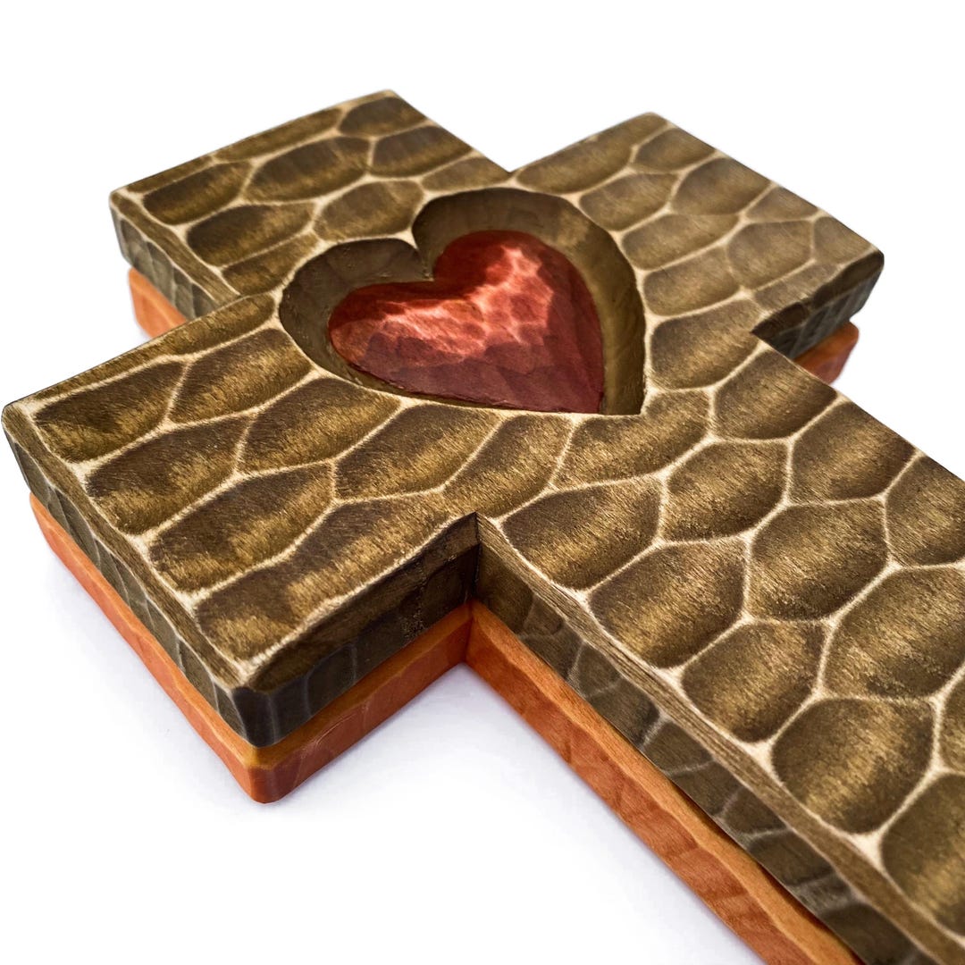 Rustic Cross, Heart Cross Wall Art, Wooden Crucifix, Carved Cross ...