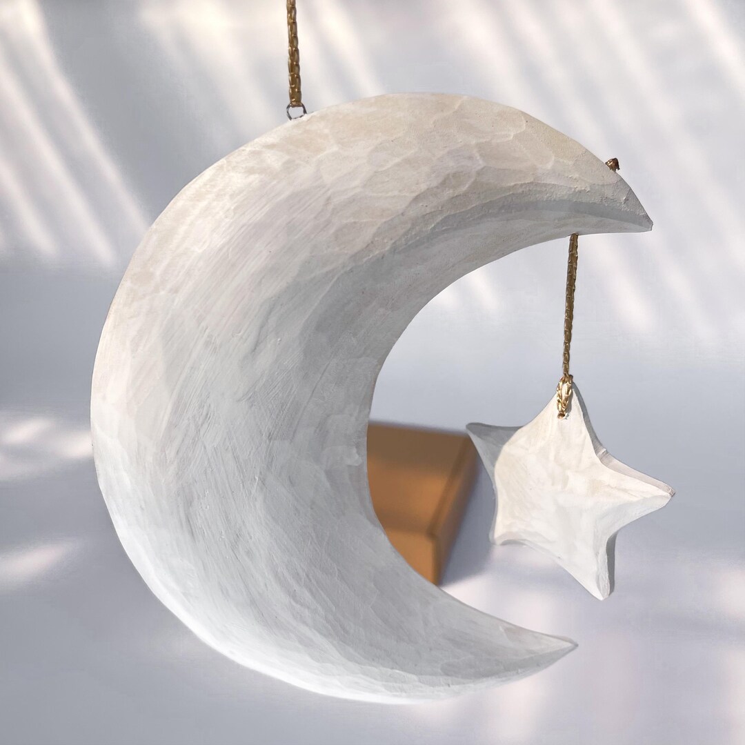 Wooden Hanging Crescent Moon, White Carved Moon and Small Star, Living ...