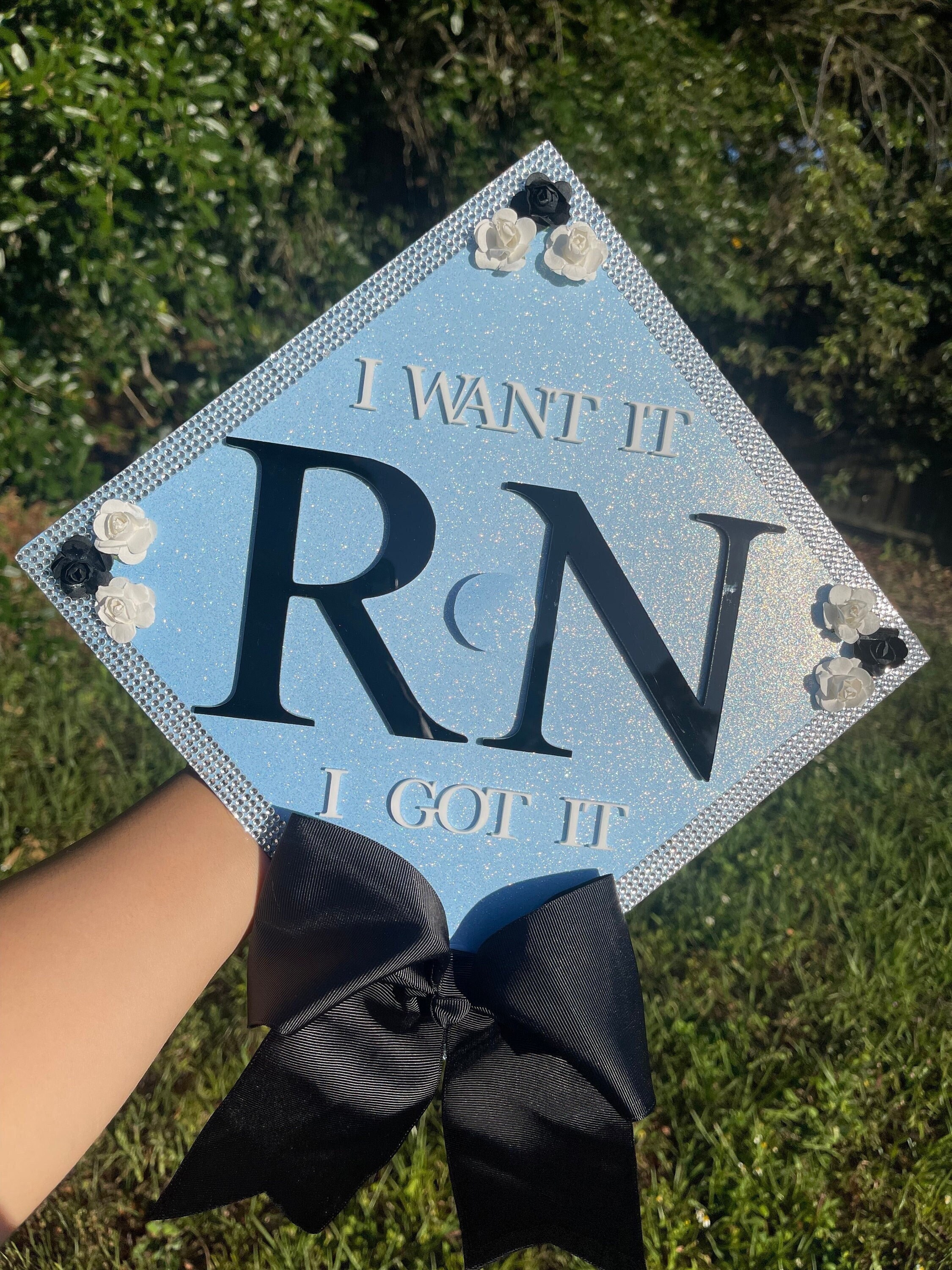 Nurse RN Graduation Cap Topper Personalized Custom Glitter Floral Cap ...