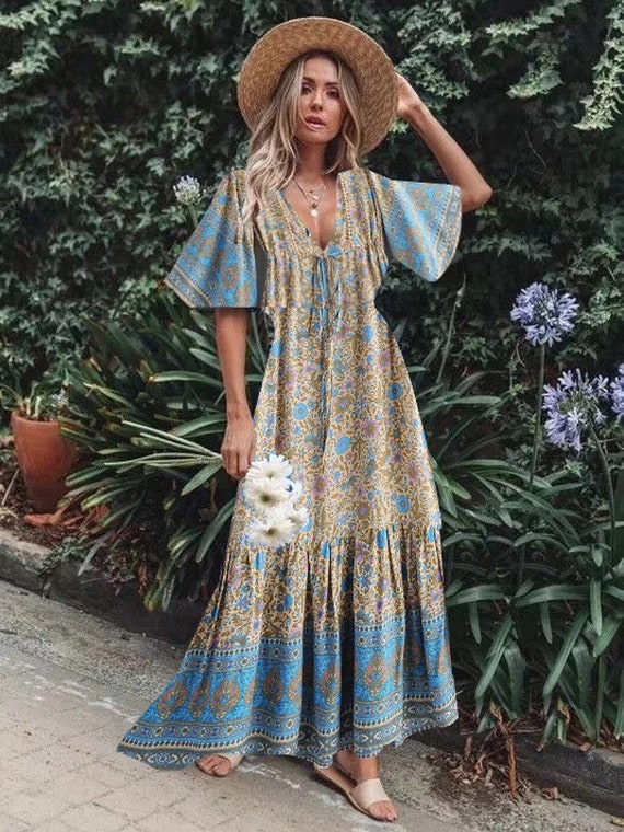 Bohemian Floral Hippie Maxi Dress Kimono Style Sleeves Boho Etsy