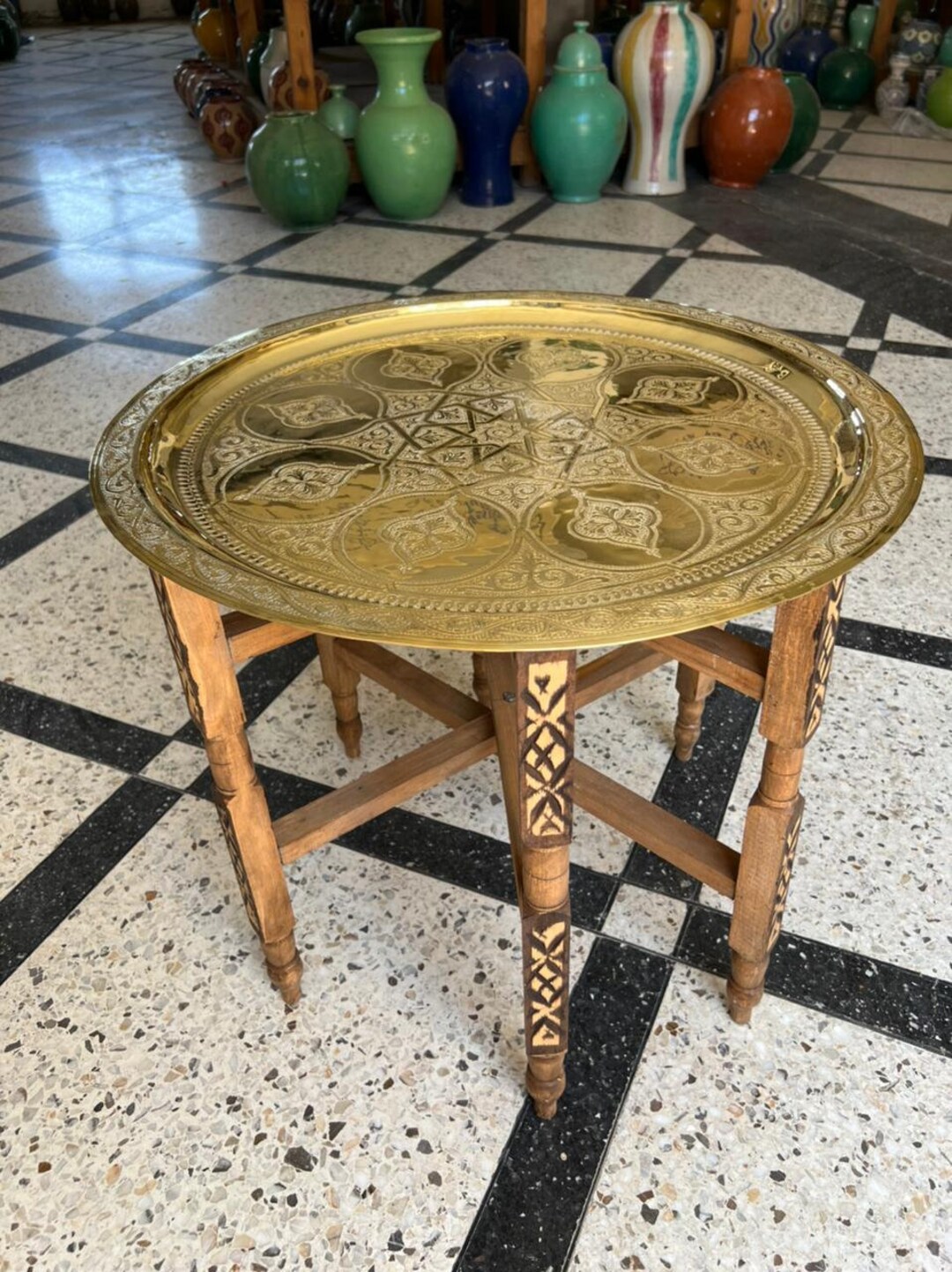 Moroccan Brass Tea Table, Boho Coffee Table, Large Brass Tray, Hand ...