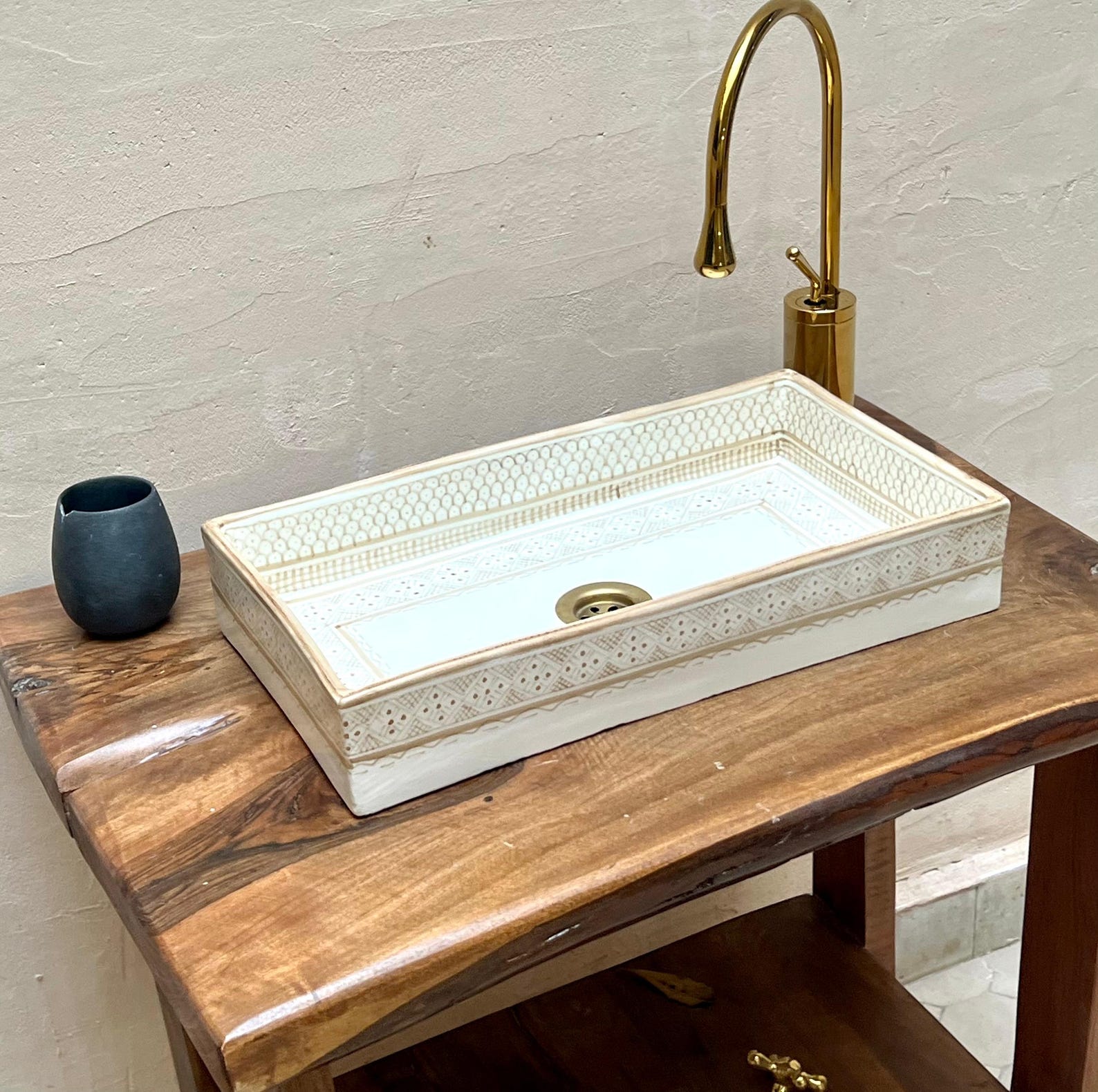 Moroccan Fish Scale Ceramic Sink: Rectangular Beige Washbasin, Free ...