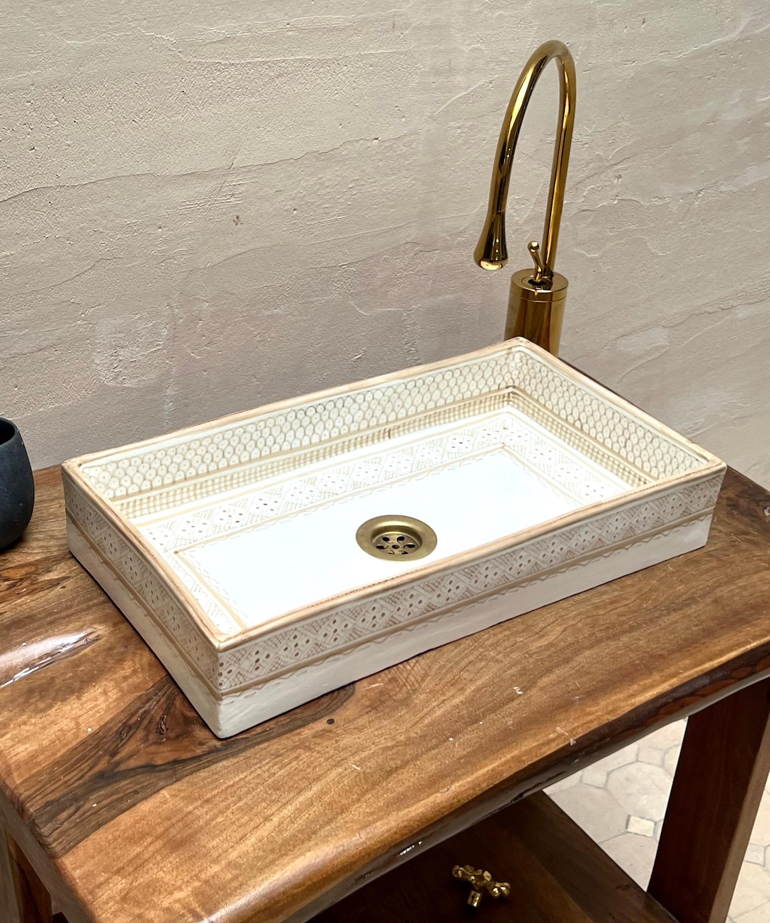 Moroccan Fish Scale Ceramic Sink: Rectangular Beige Washbasin, Free ...