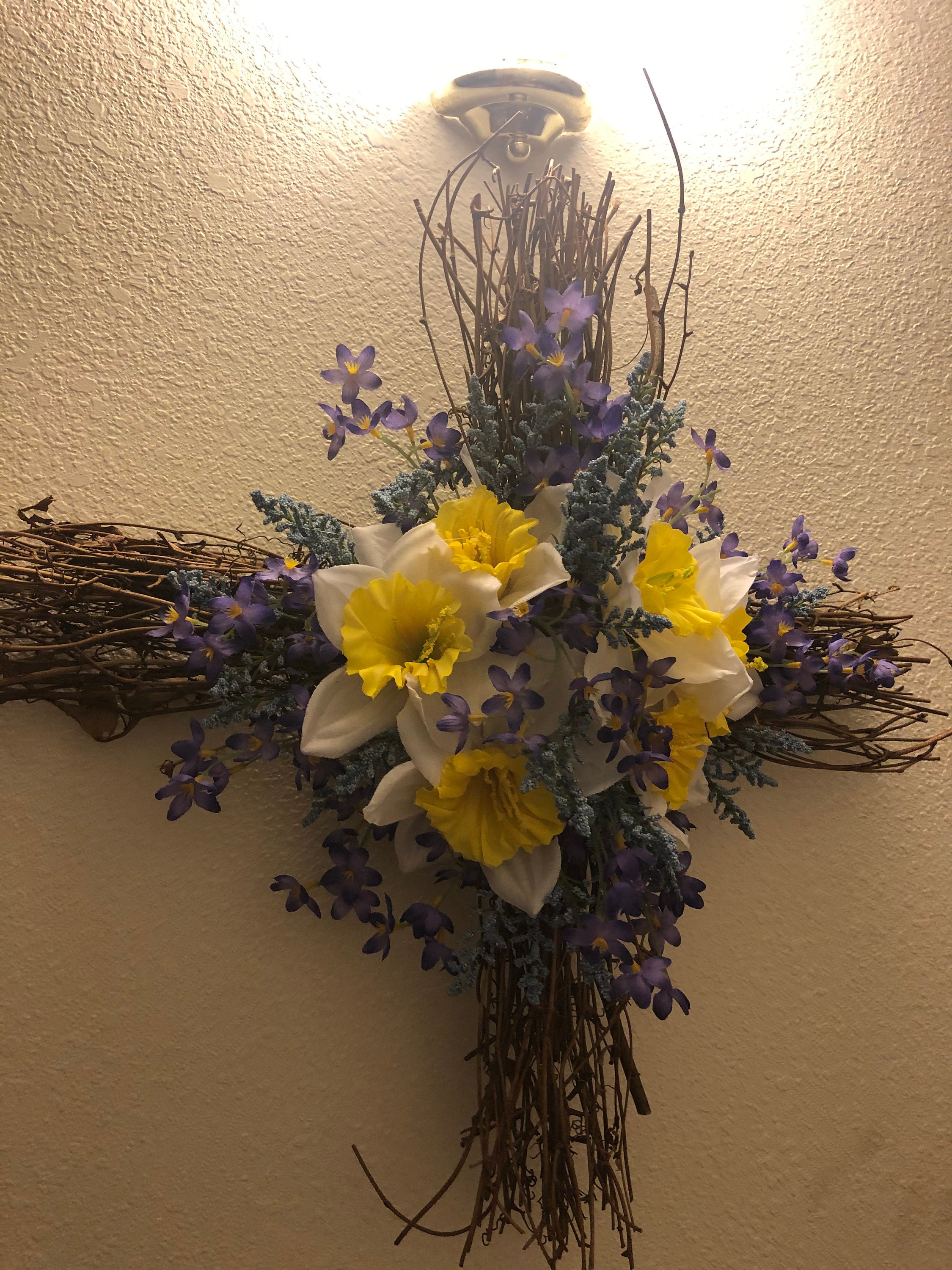 Grapevine Cross Wreath with Spring Flowers | Etsy