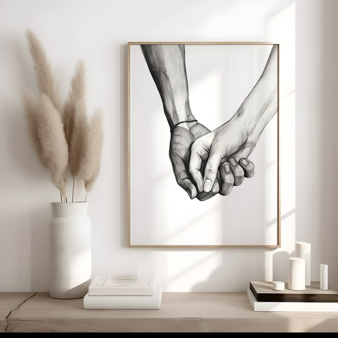 Couple Holding Hands Art Print, Romantic Pencil Sketch, His and Hers ...