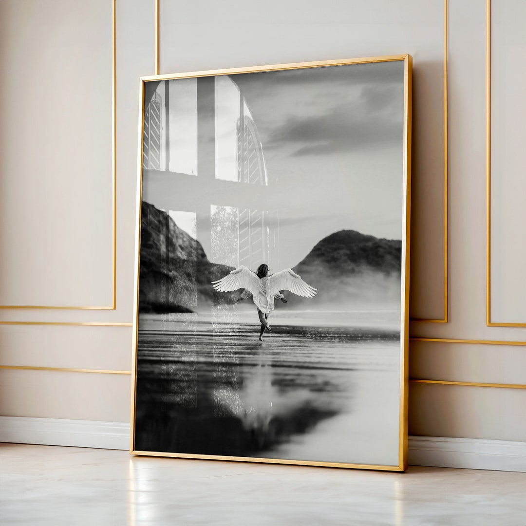 Winged Escape Photography Art Print, Angel Wall Art, Black and White ...