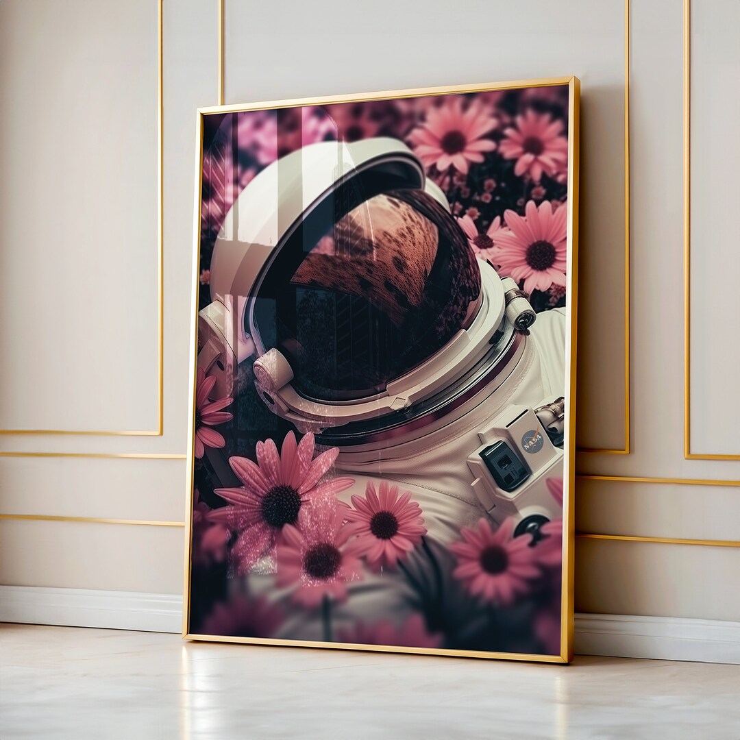NASA Astronaut Art Print, Pink Flowers Wall Art, Spacesuit Poster ...