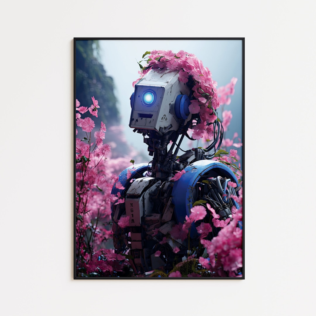 Pink Robot Flowers Wall Art, Sci Fi Poster, Sakura Cyborg Artwork ...