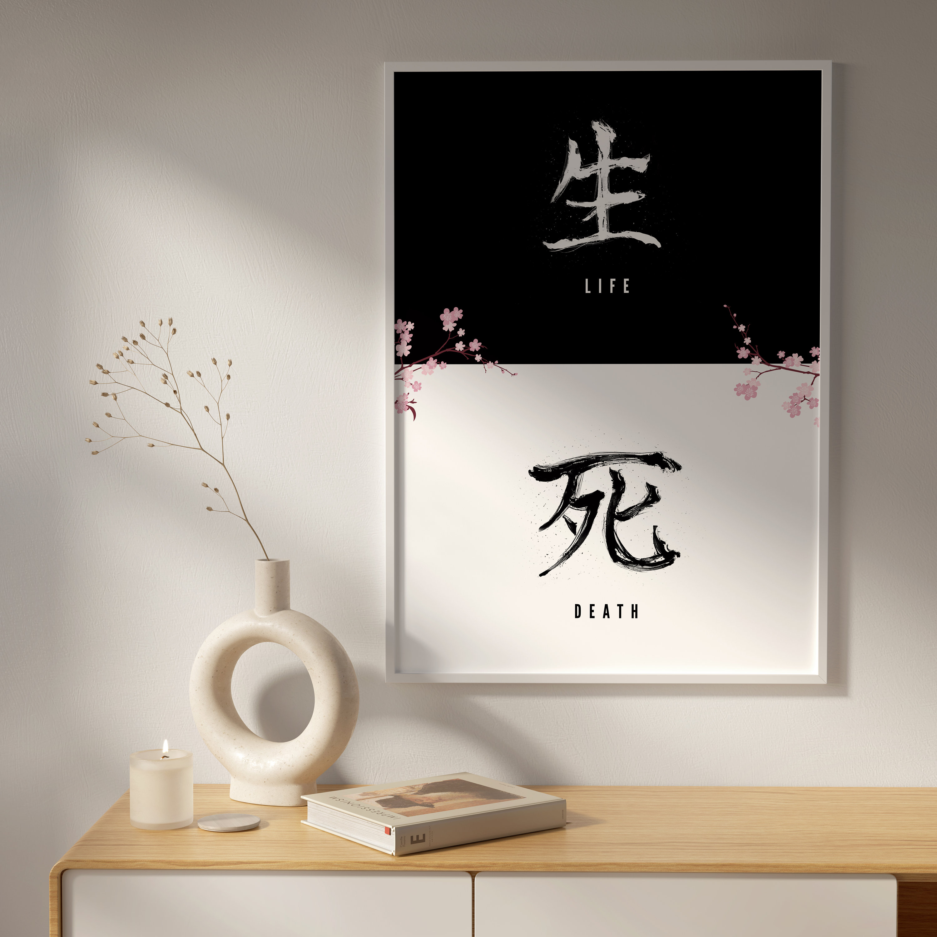 Japanese Life Death Wall Art, Kanji Symbols Language Print, Minimal Yin ...