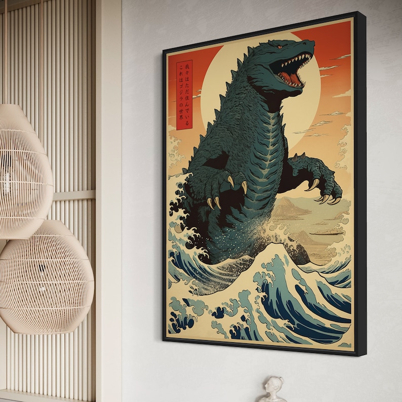 Classic Godzilla Japanese Wall Art, Traditional Japan Wave Print, the ...