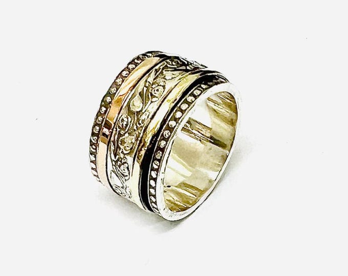 Gold and Silver Square Ring, Spinner Rings for Women, Chunky Designer ...