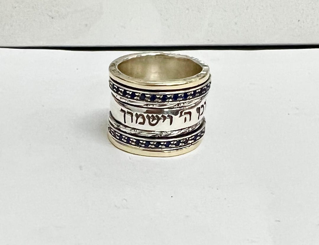 God Bless You Spinner Ring With Sapphire Stones, 9K Gold and Silver ...