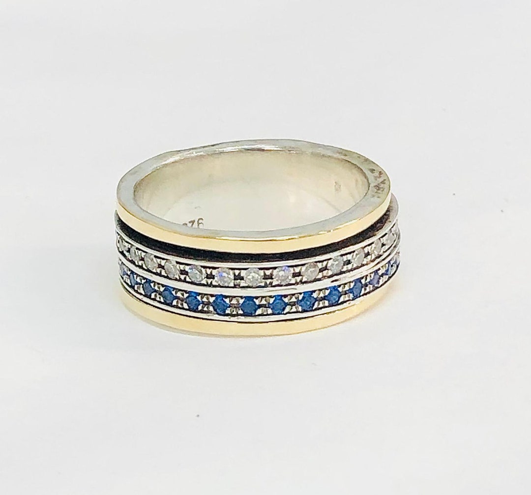 Zircon and Sapphire Spinner Ring , 9k Yellow Gold Spinner Ring, Gold ...