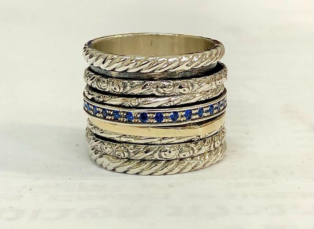9K Gold & Sterling Silver Ring, Sapphire Spinner Ring, Yellow Gold ...