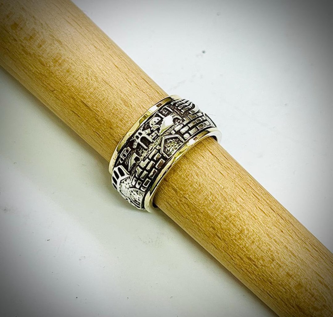 Jerusalem Ring, 9k Yellow Gold Ring, Handmade Spinning Band Ring, 925 ...