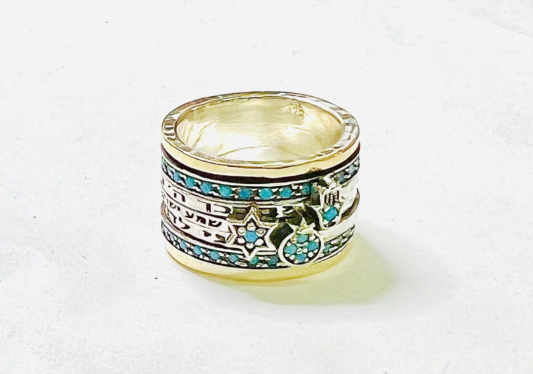Exclusive Turquoise 3 Blessing Spinner Ring, 9k Gold and 925 Silver ...