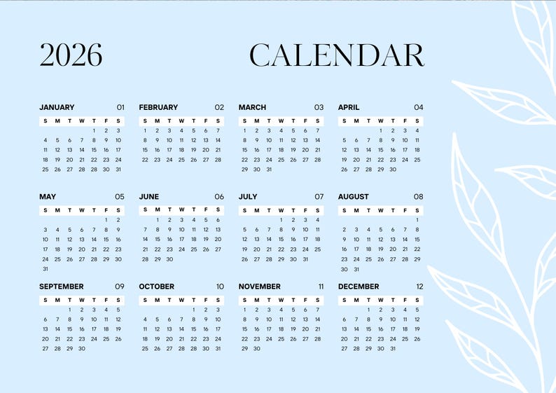 2026 Calendar Printable- Single Page, Full Year Calendar, Year at a ...