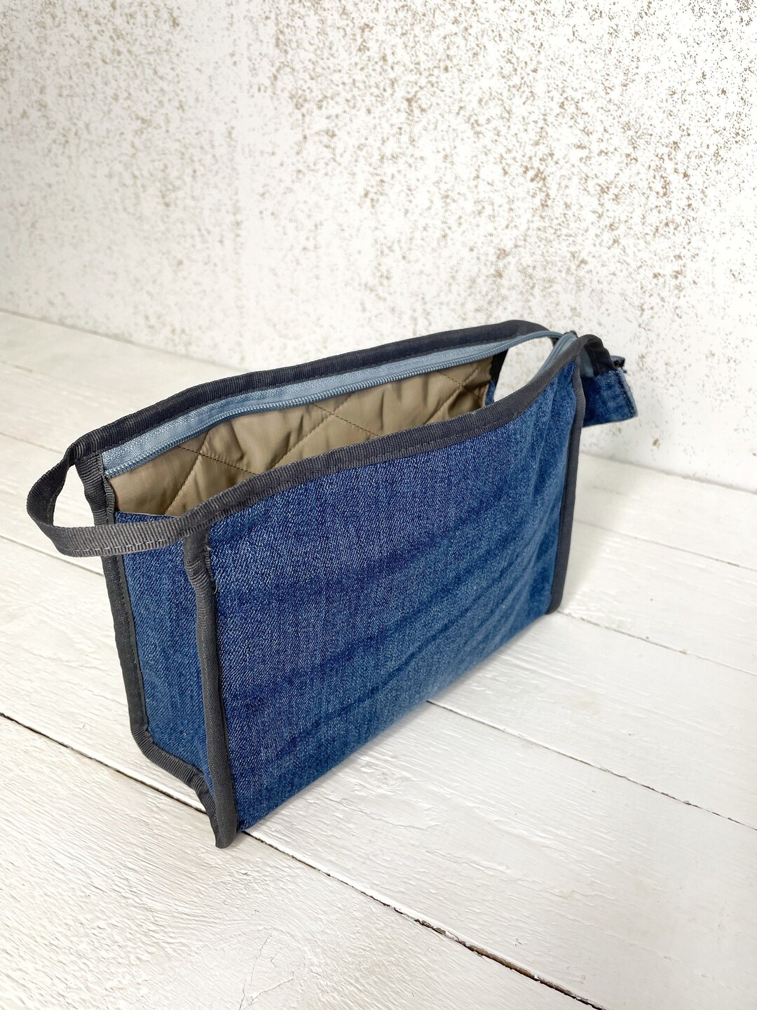 DENIM TOILETRY BAG, Wide Open Cosmetic Organizer, Maceup Bag ...