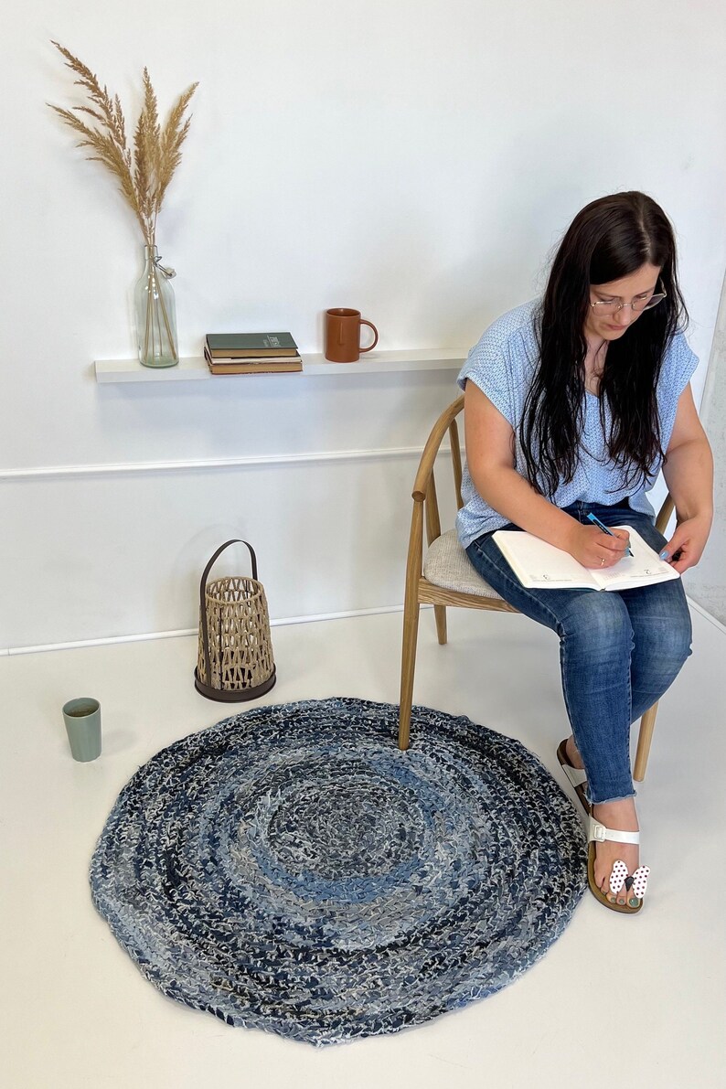UPCYCLED DENIM RUG, Round Crochet Carpet, Blue Denim Rug, Handmade ...