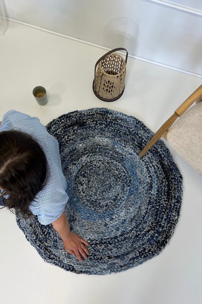UPCYCLED DENIM RUG, Round Crochet Carpet, Blue Denim Rug, Handmade ...