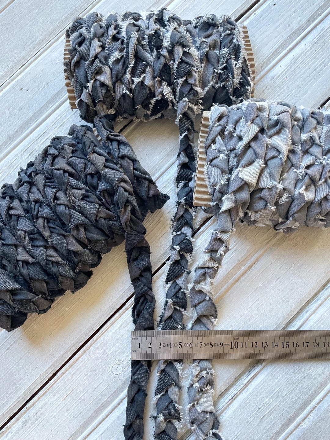 BRAIDED GRAY DENIM Trim, Recycled Jeans Fabric Strips in Light Gray ...