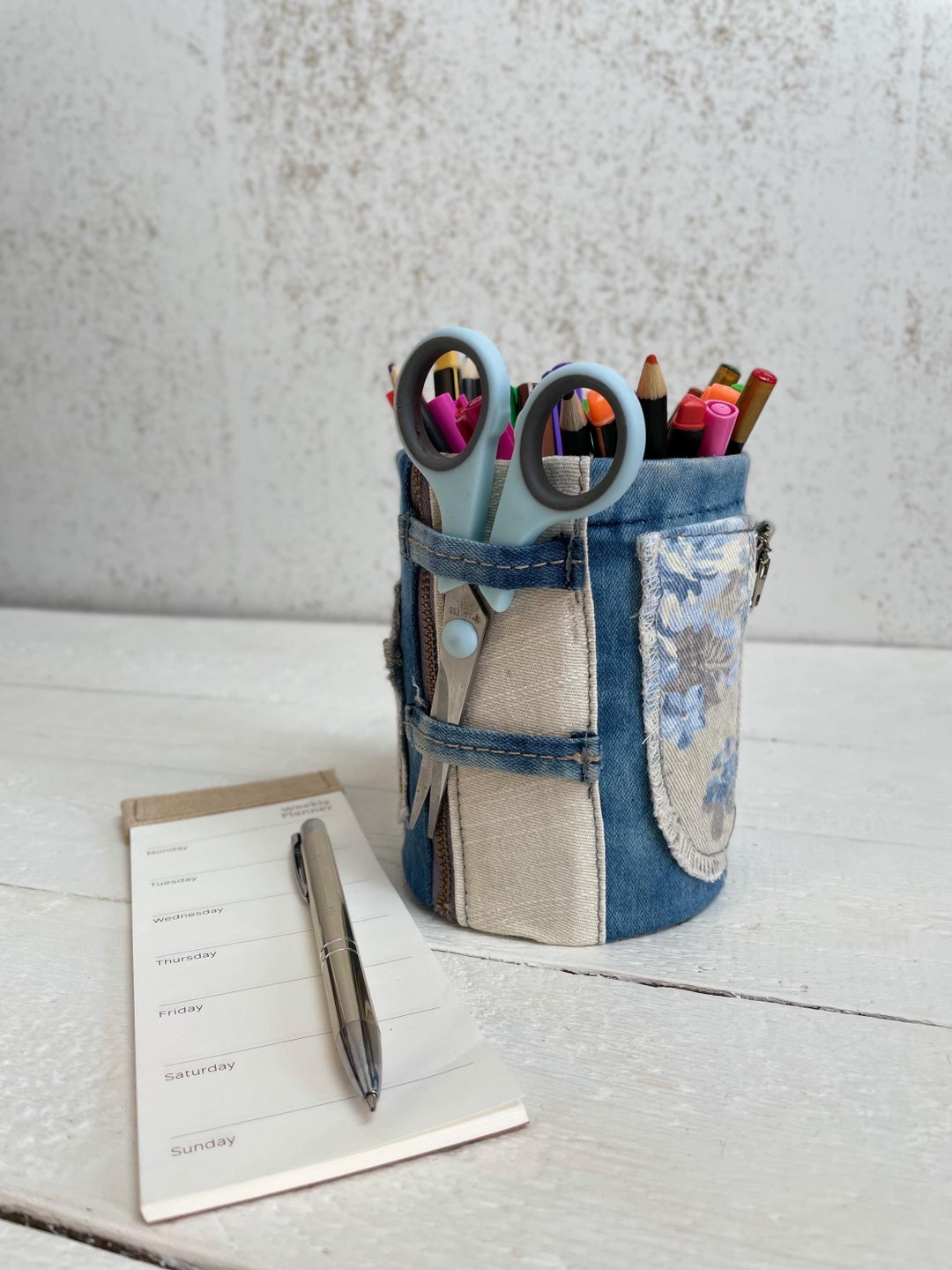 Upcycled Denim Pencil Can: Handmade Desk Organizer, Gift for Teacher - Etsy