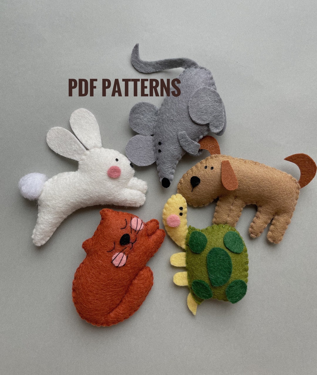 Set of 5 PDF Patterns of Felt DIY Sewing Pattern Dog,cat,mouse,turtle ...