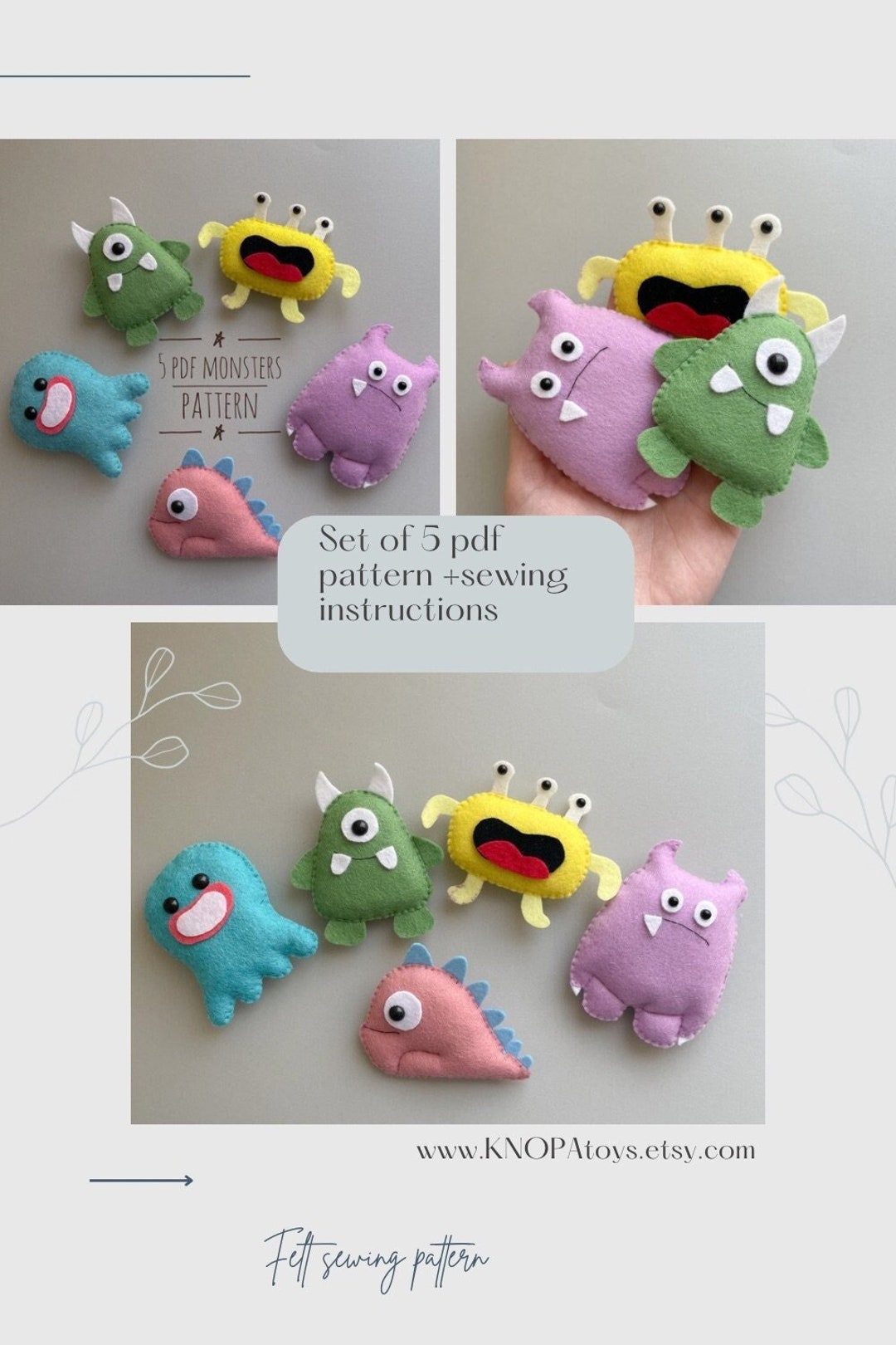 Set of 5 Pdf Plush Sewing Monsters Pattern Fanny Felt Pattern Monster ...