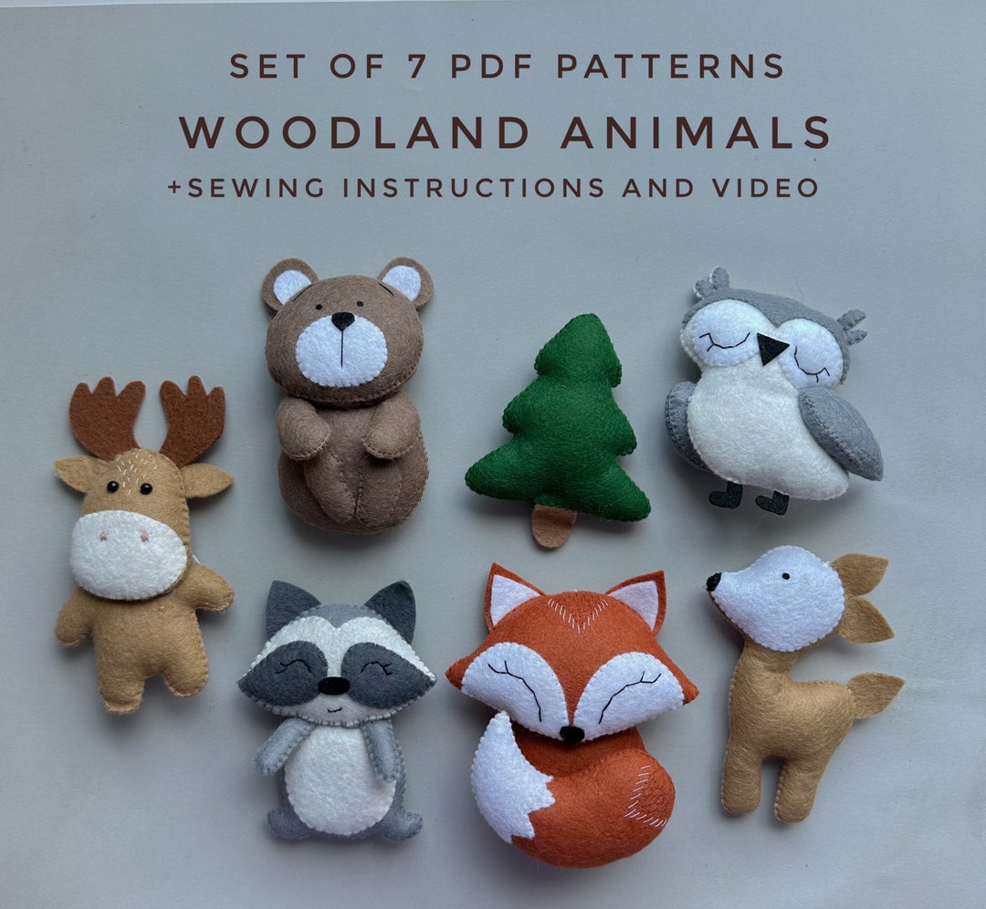 Set of 7pdf Felt Woodland Animals Plush Pattern Fox Ornament Bear Felt ...