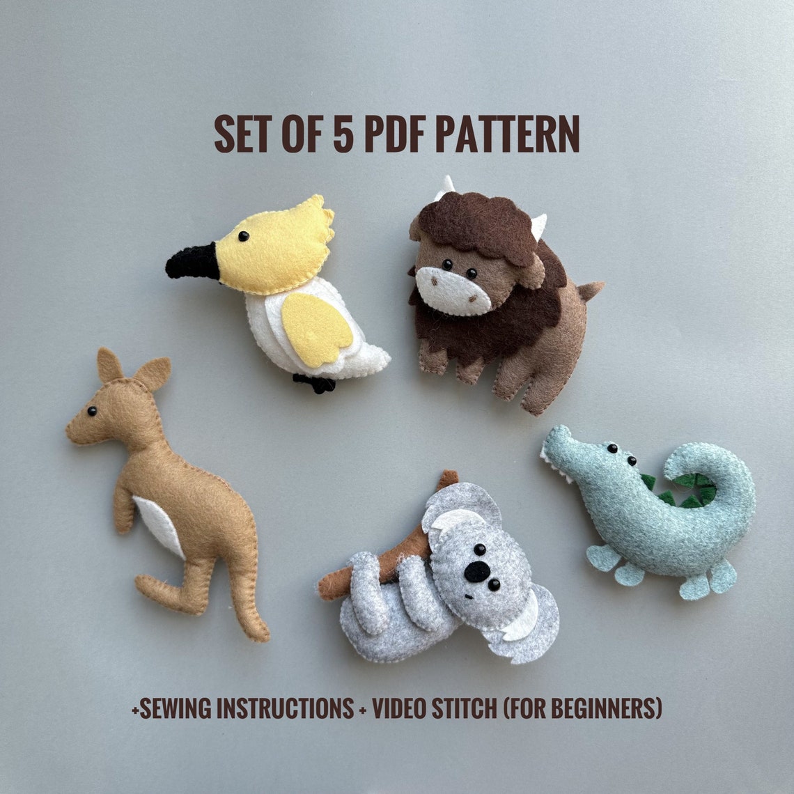 Set of 5 Pdf Felt Pattern Australian Animals Kawaii Plush Pattern Koala ...
