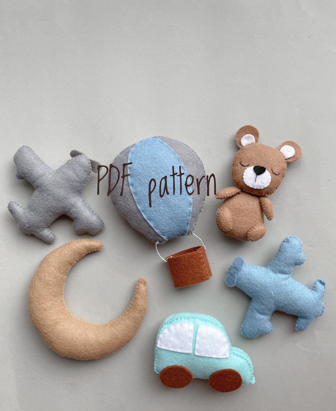 Set of 5 Pdf Pattern Felt Ornaments Plane Plush Pattern Hot Air Balloon ...