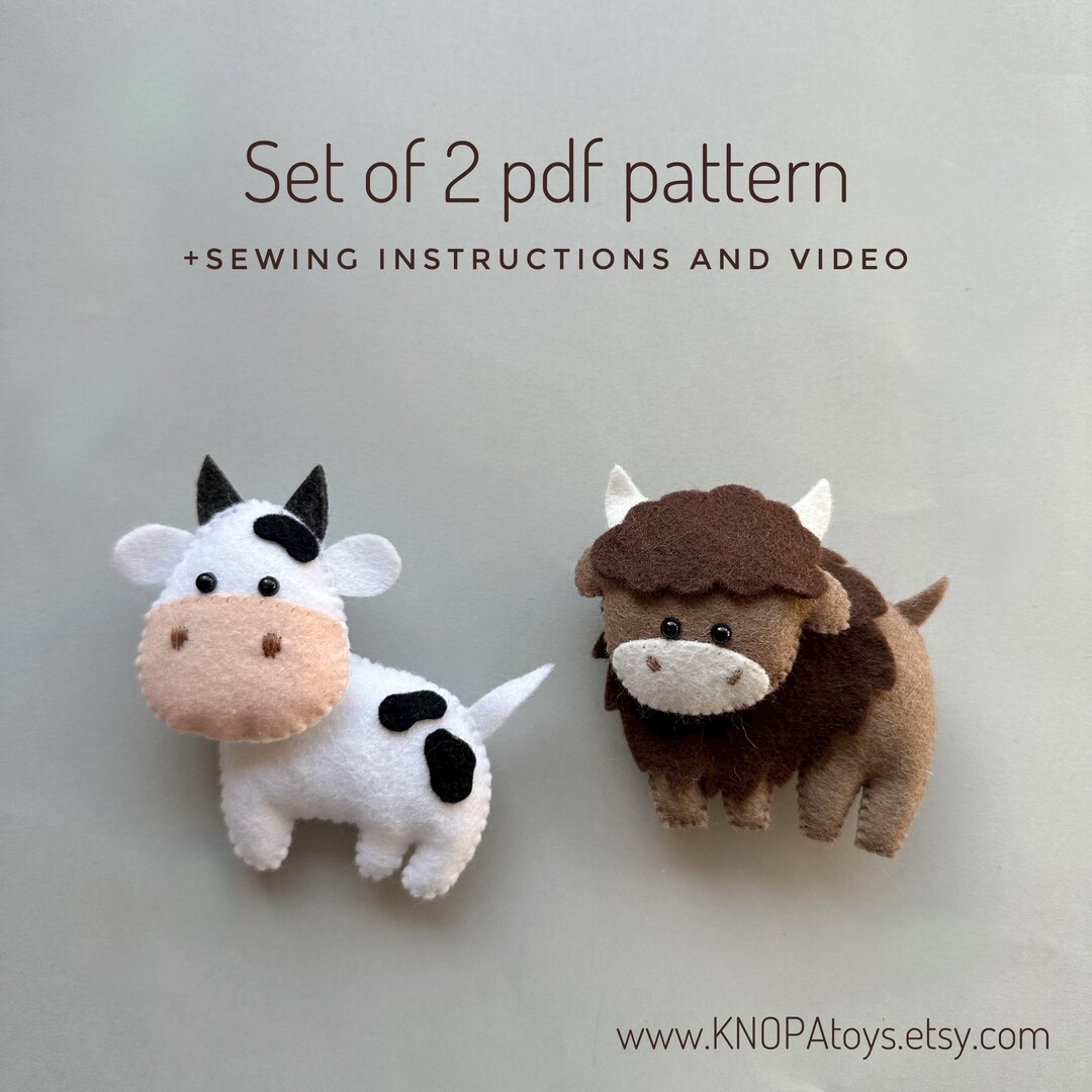 Set of 2 Pdf Pattern Cow Plush Farm Animals Funny Ornament Bull Plushie ...