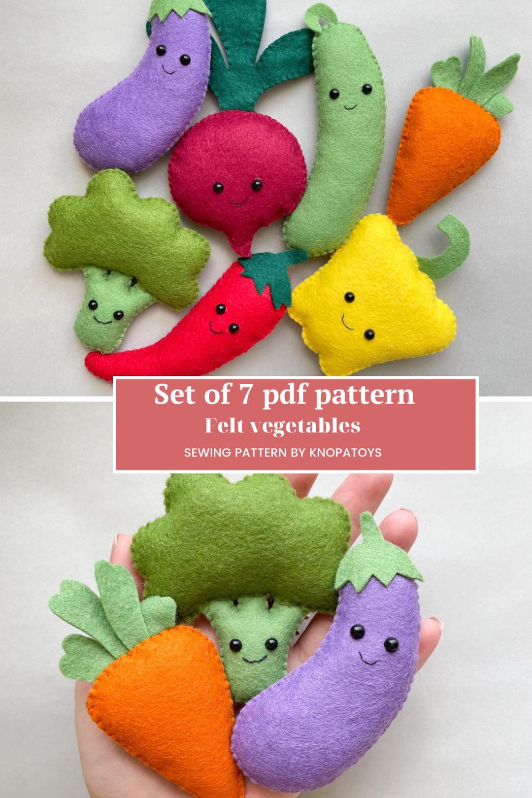 Set of 7 Felt Vegetables Pattern Easy PDF Sewing Tutorial Play Food ...
