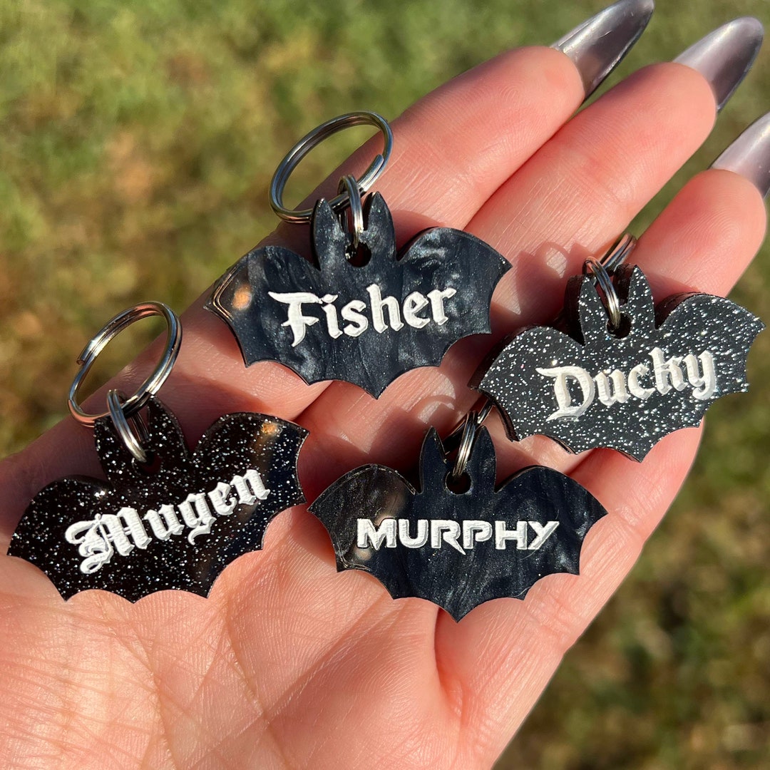 Custom Bat Pet ID, Personalized Spooky Pet Tag, Gothic Bat Acrylic Pet ...